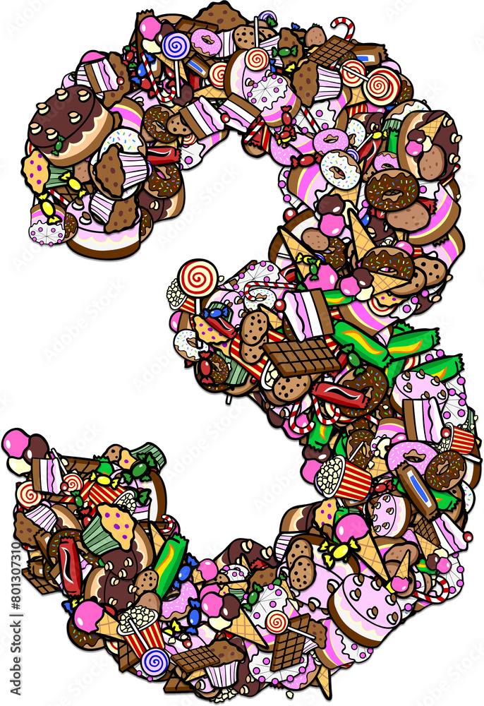 Ziffer 3 zusammengesetzt aus vielen bunten Süßigkeiten Stock ...