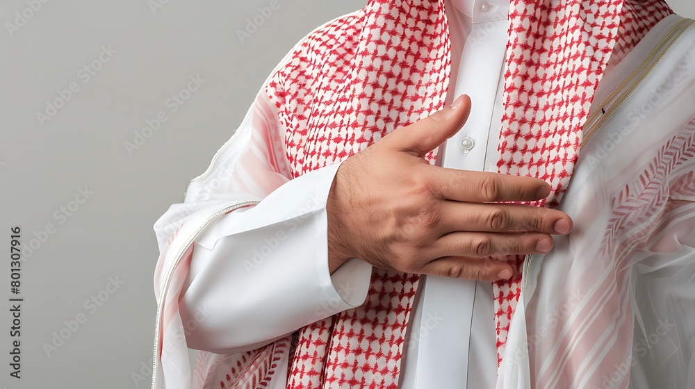 Arabic man wearing a Saudi bisht and traditional white shirt, hand ...