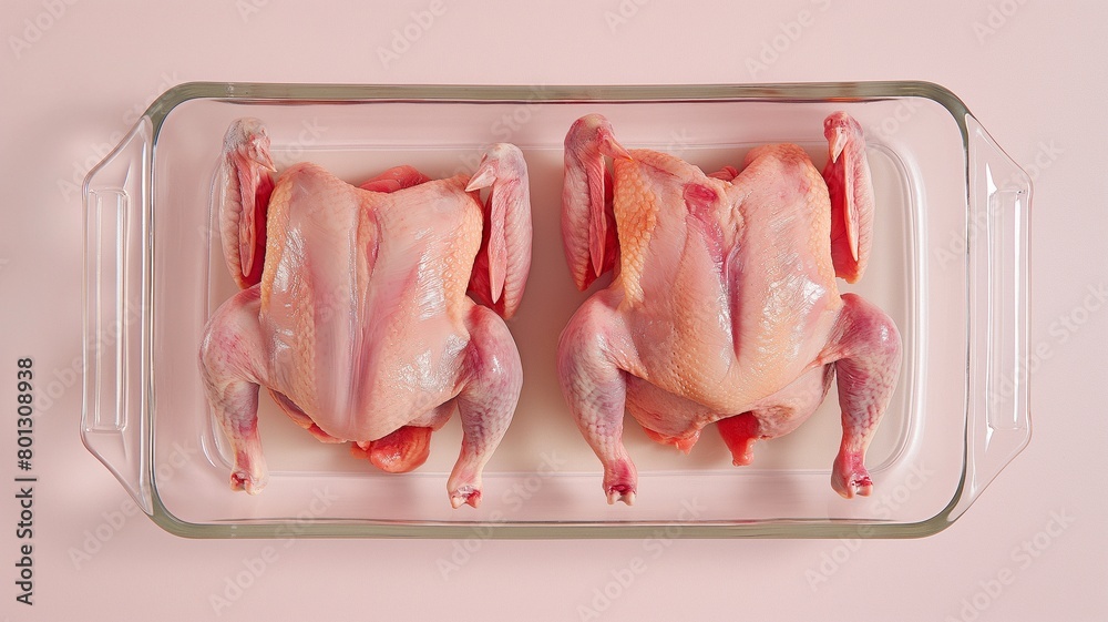 Foto de Two little entire Cornish hens on a glass baking pan dish tray ...