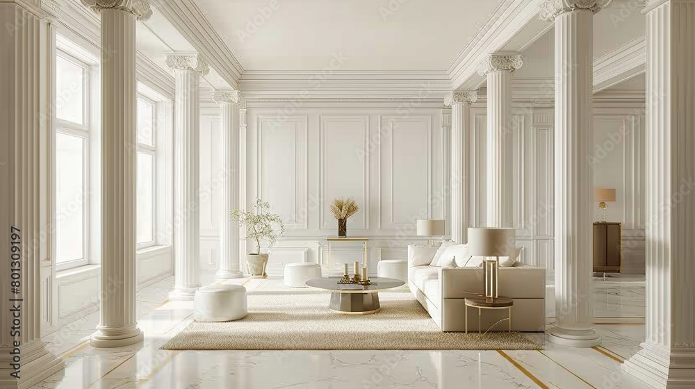 A classic interior of a luxurious white empty room. Decorated with ...