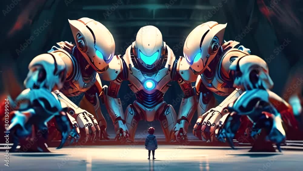 Small child stands among huge cyborg robots, pull back shot. Contrast ...