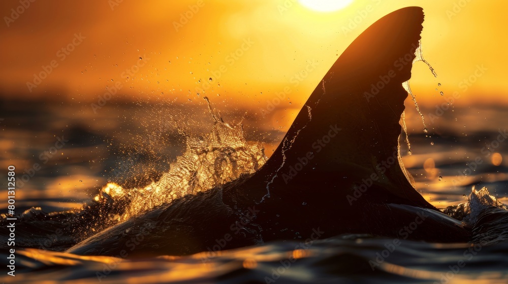 Close-up of a whale shark's dorsal fin breaking the surface of the ...