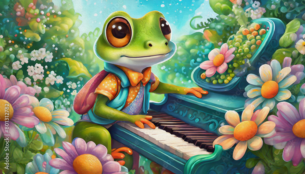 oil painting style CARTOON CHARACTER CUTE baby frog playing piano ...
