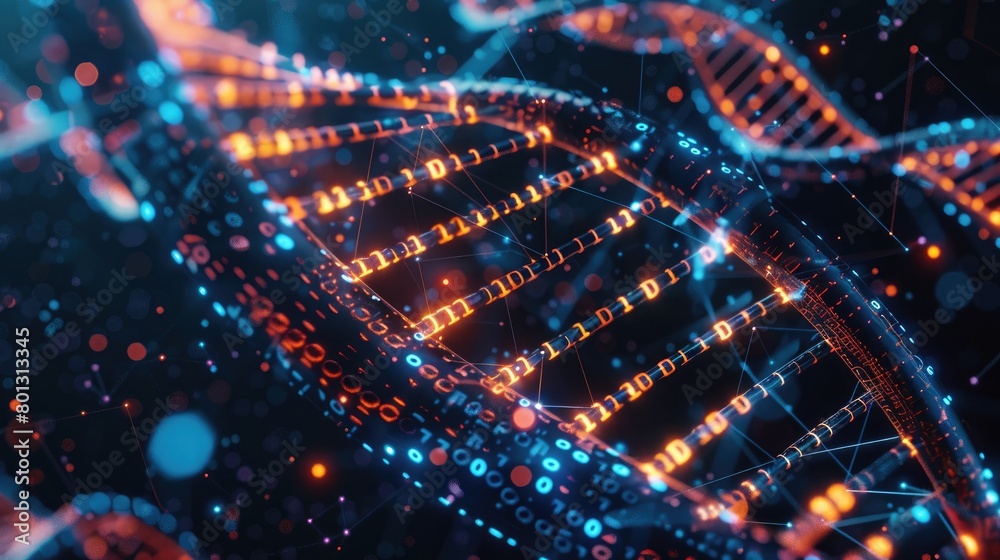 3D model of a DNA sequence, highlighted with digital data tags showing ...