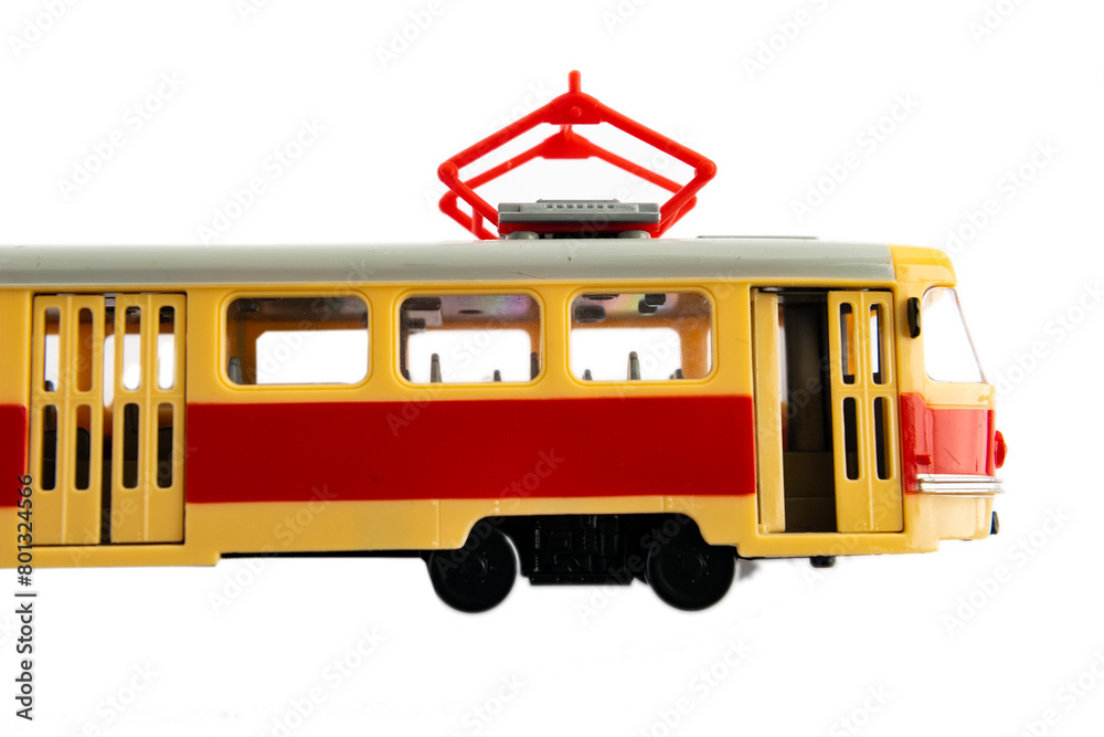 Old Czech red tram isolated on white background. A toy replica of a ...