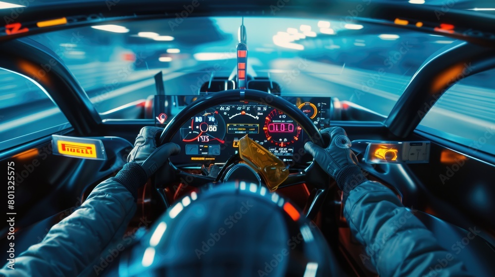 Professional racing car driver driving surrounded with panel while ...