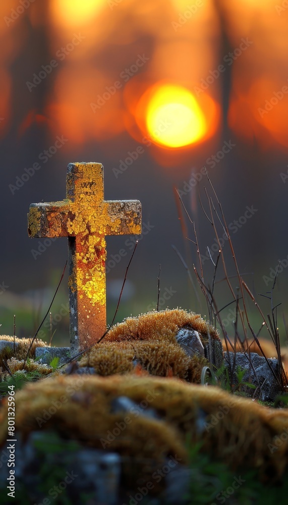 Serene catholic cemetery scene with engraved grave marker and cross in soft focus background ...