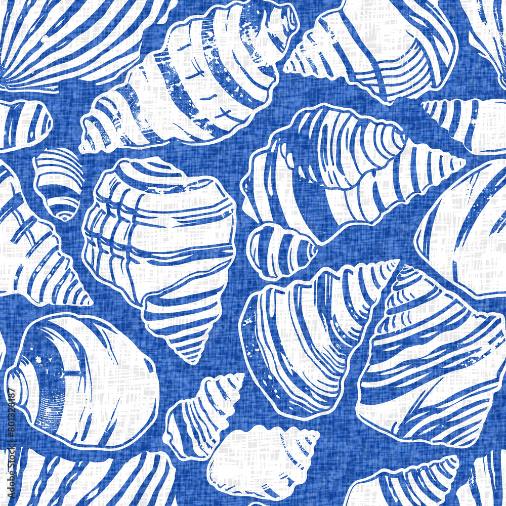 Azure blue white shell motif with linen seamless batik background ...