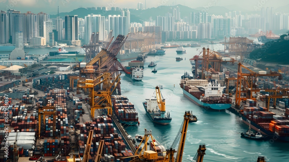 Bustling port with cargo ships and cranes amidst a cityscape Stock ...