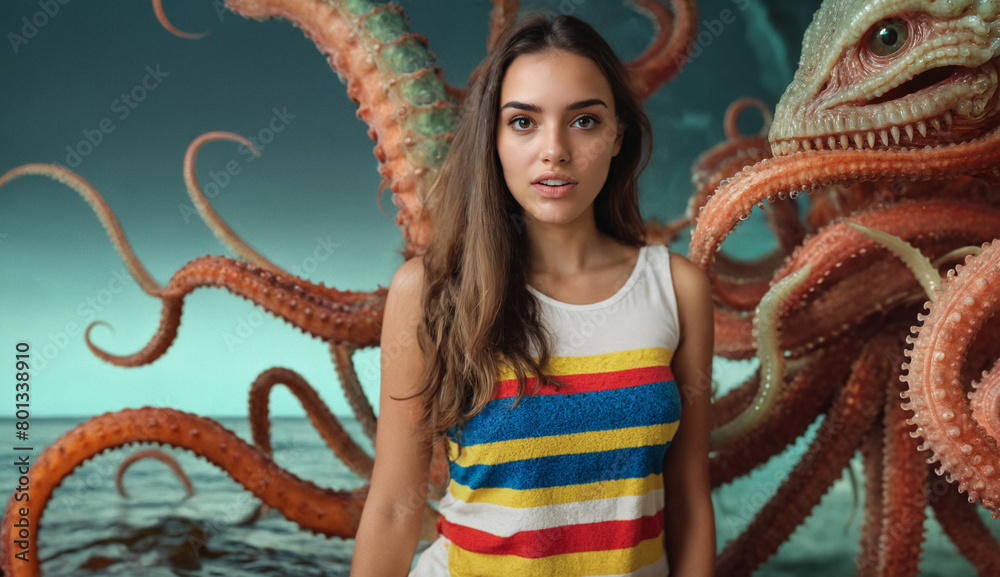 abstract, water or ocean, the sea and its monsters, young woman is ...