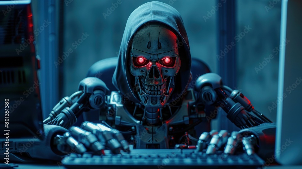 Cyborg Metal skull hacker robot with scary red eyes AI generated image ...
