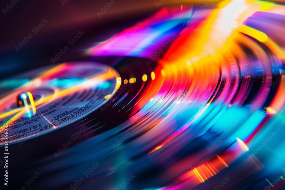 A hyperrealistic closeup of a vinyl record, its grooves illuminated by ...