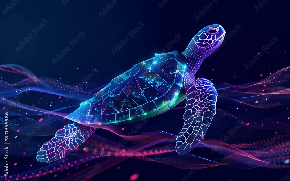 Abstract night turtle digital landscape. Digital low poly wireframe ...