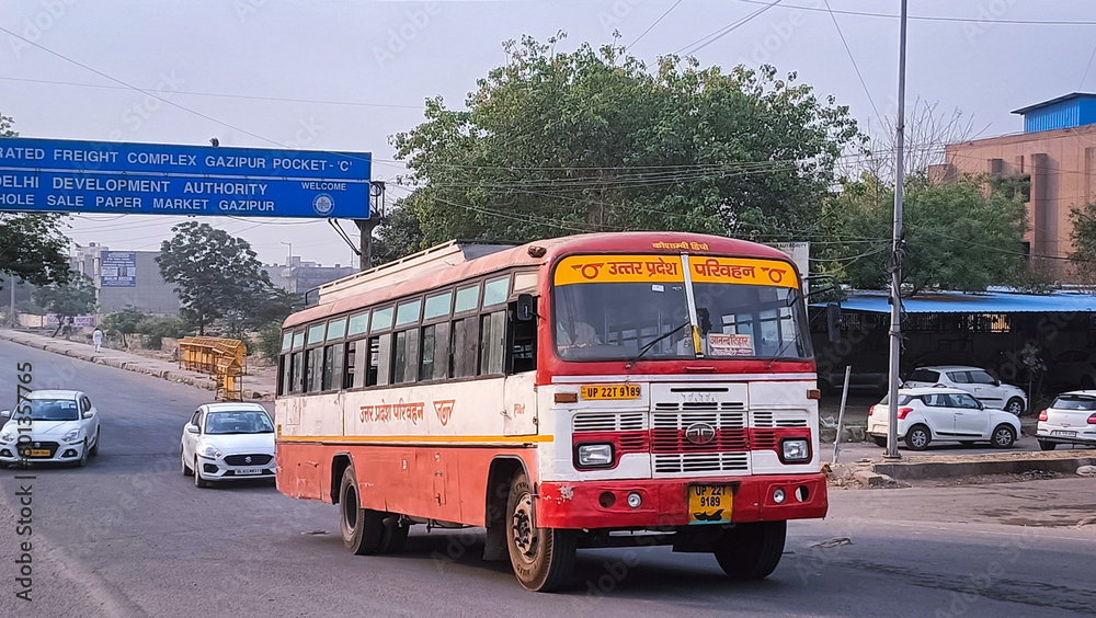 Delhi, India, 15 March 2024: A government bus of the Indian state of ...