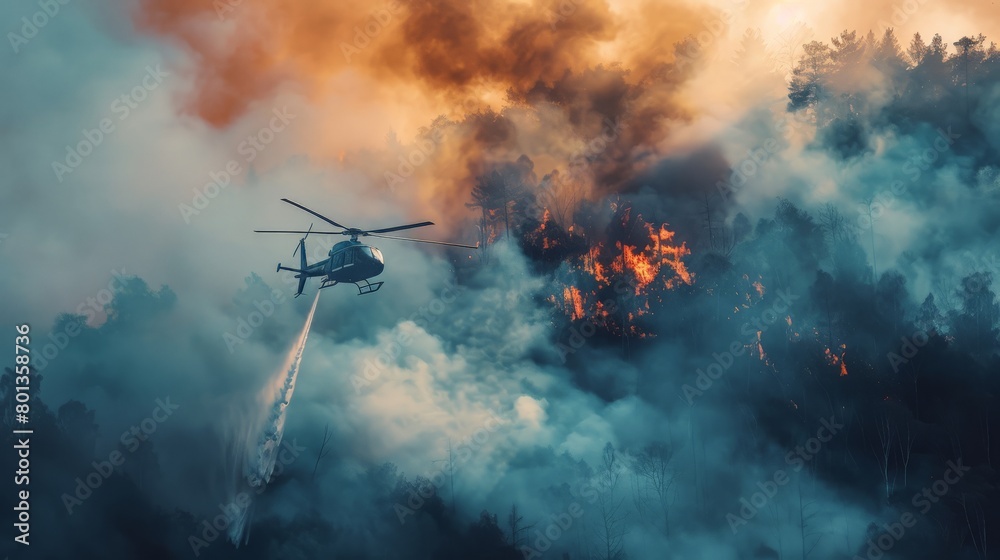 Helicopter pouring water over a forest fire during a severe wildfire ...