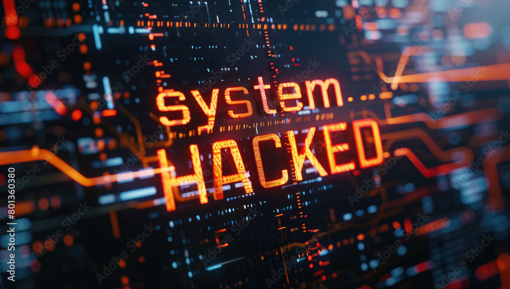 The text "System HACKED" was written on a digital screen, with glowing ...