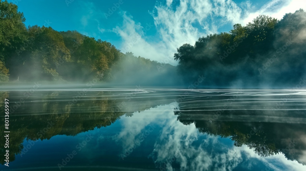 Mystical morning fog drifts over a mirror-like lake reflecting dense ...