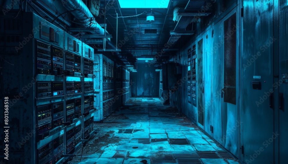 An abandoned server room bathed in an eerie blue light, its rows of ...