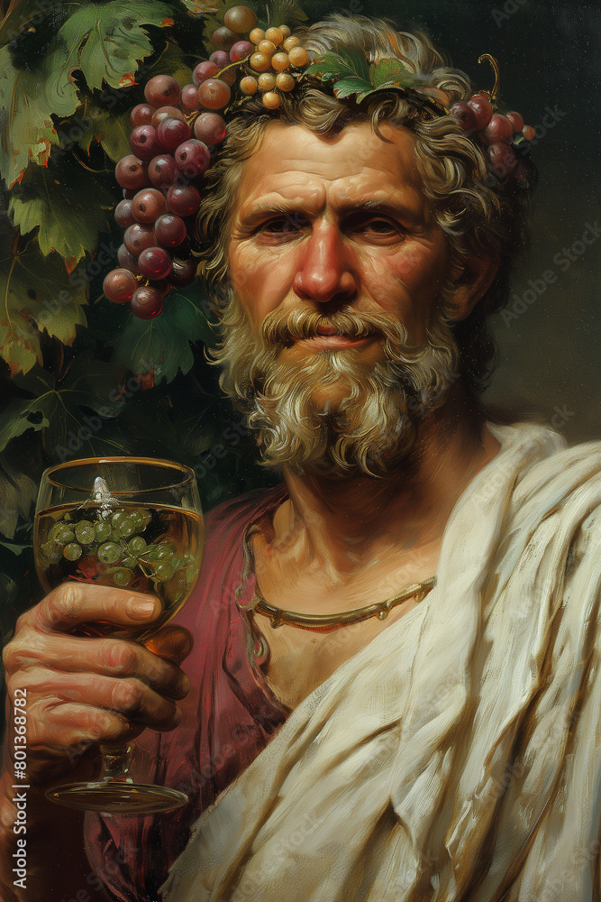 Fantasy portrait of Dionysus ancient greek god of wine-making and fertility, known as Bacchus in ...