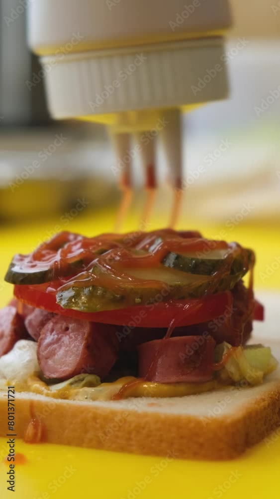 the process of making a closed sandwich. sandwich with sausage ...