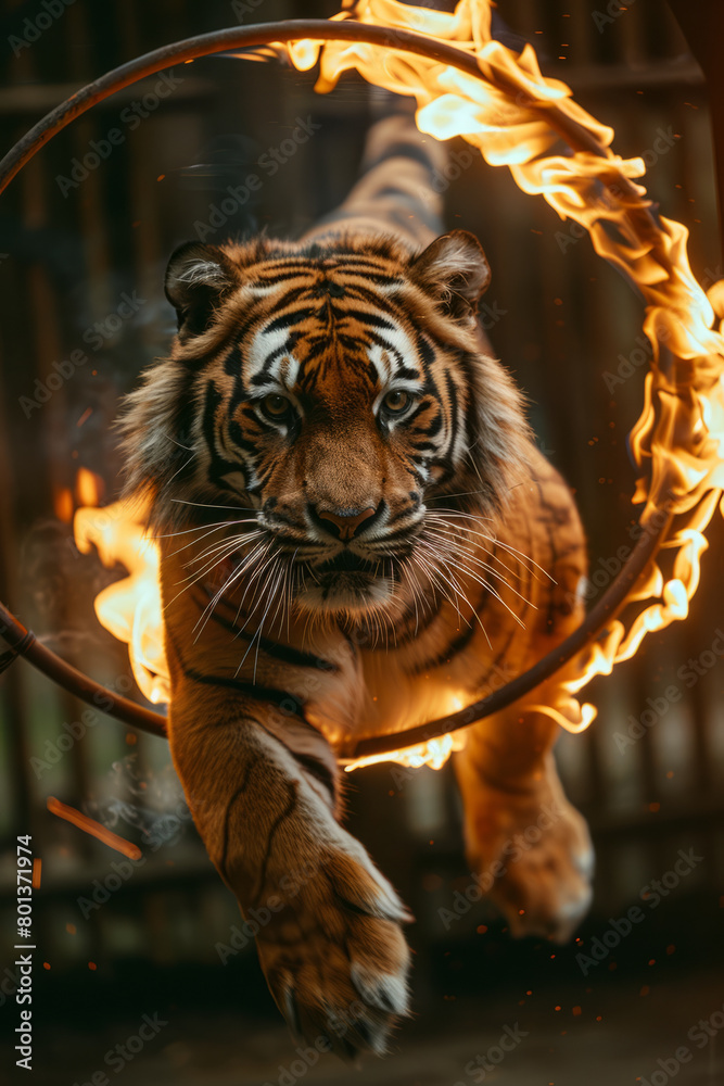 A scene depicting a tiger leaping through a flaming hoop, with visible ...