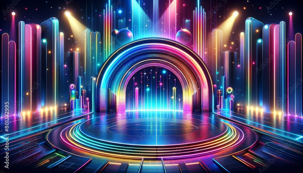 Stage shines with bright, colorful neon lights and a glowing arch. Neon ...
