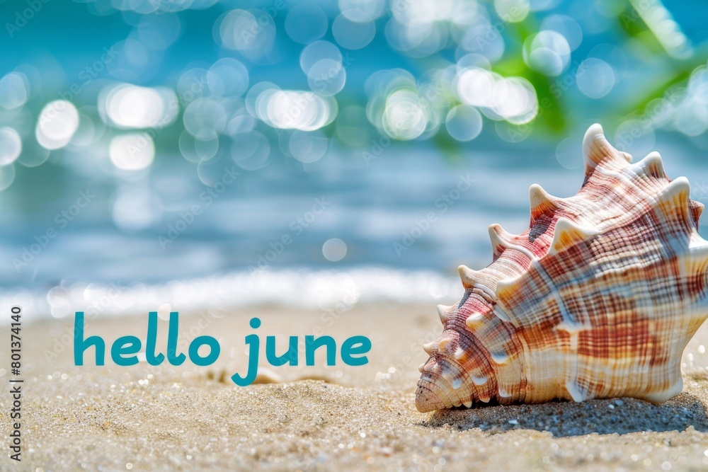 text says "hello june", with conch shell on beach background, with blue ...