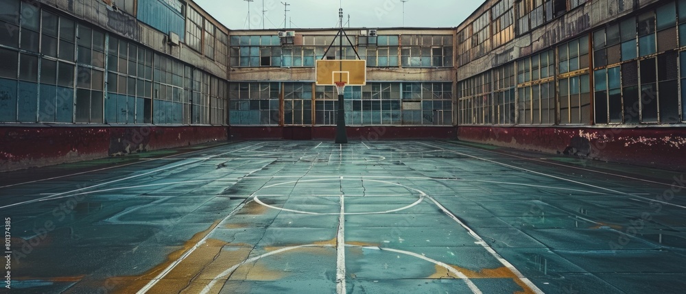 An empty basketball court with only boundary lines, underscoring the ...