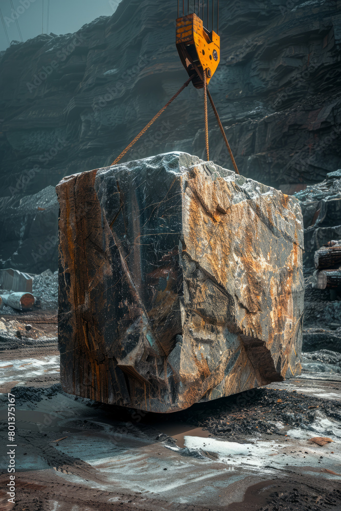 The moment a large block of granite is lifted by a crane from the ...