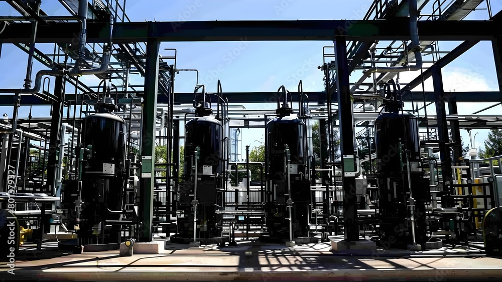 Photo showcases algae oil refining process with distillation towers for ...