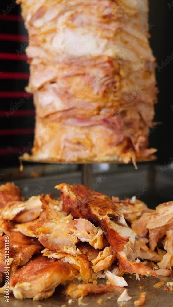 A large Doner kebab rotating in a local restaurant. A pair of rotating ...