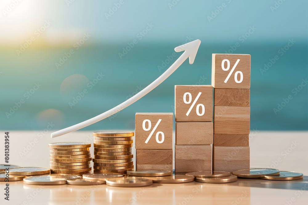 Financial growth illustrated with stacked coins, ascending wooden ...