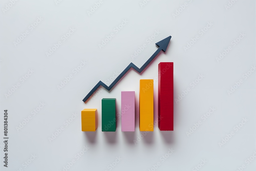Simple and colorful bar graph with zigzag trend line on white ...
