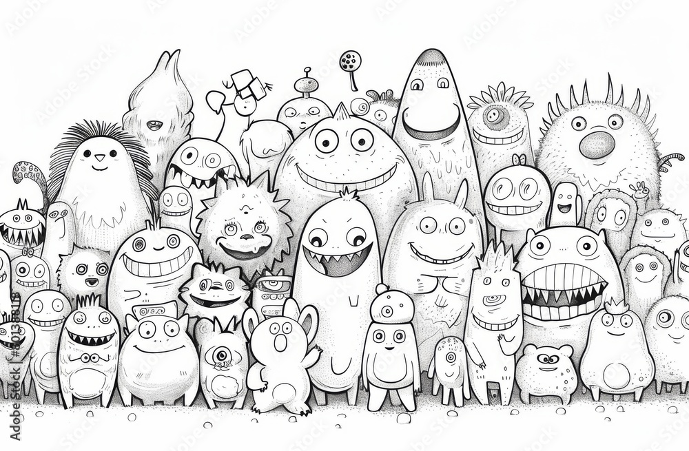 A large group of cartoon characters, all with different expressions and ...