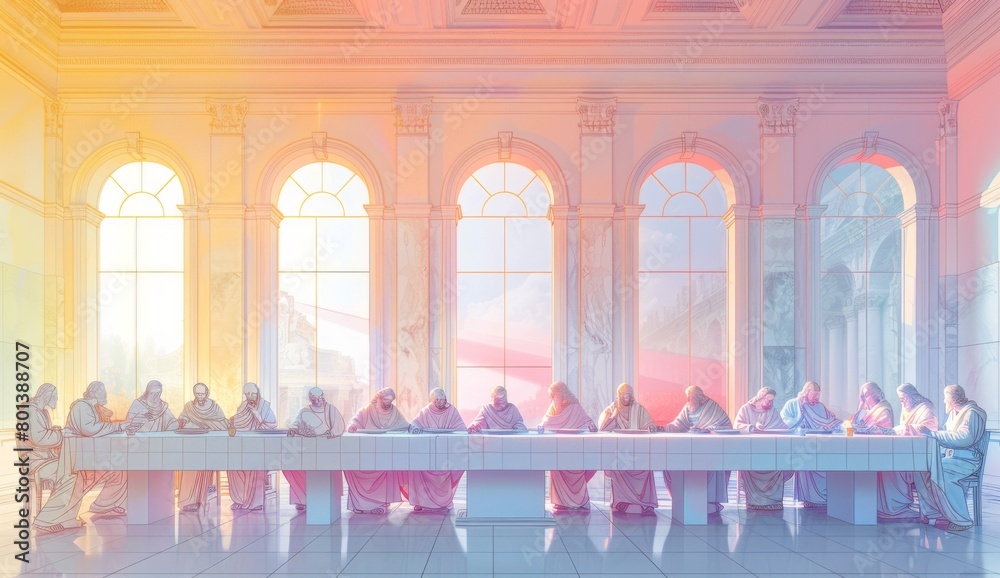 A simple line drawing of the last supper, Jesus and his disciples ...