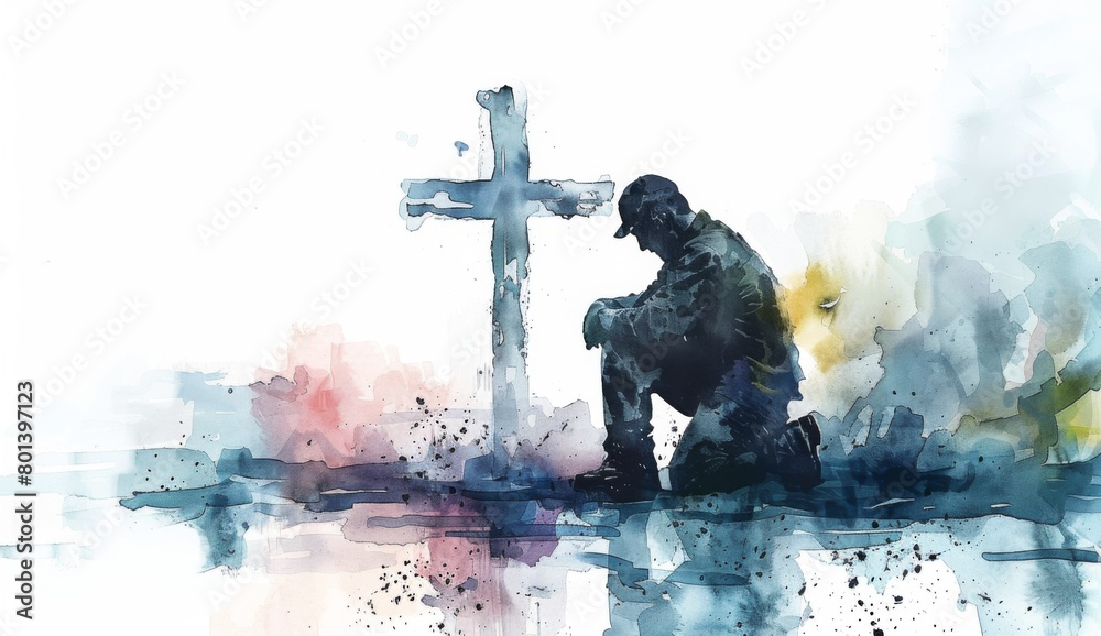 watercolor, man kneeling in prayer with white cross behind him, solid ...
