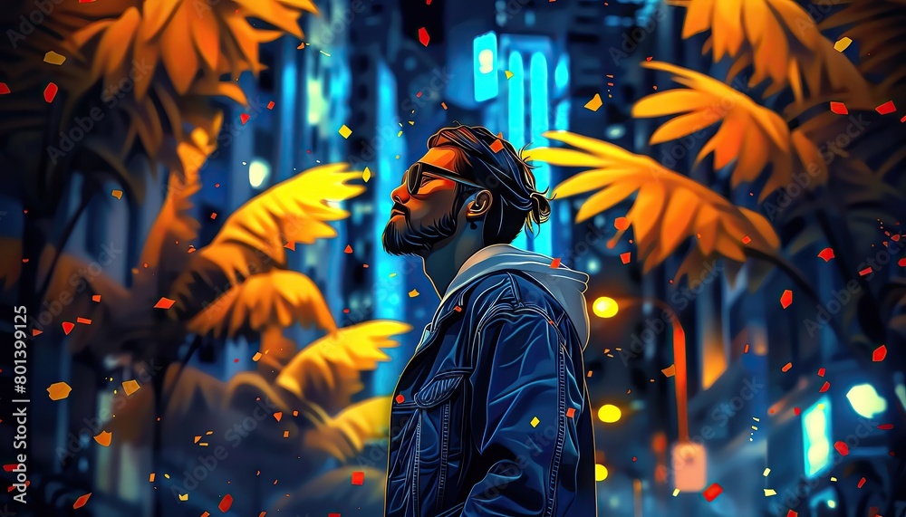 Illustrate a cyberpunk adventurer gazing up at towering neon plants ...