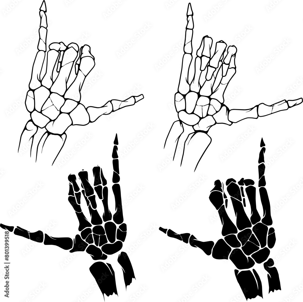 Skeleton shaka hand sign set, call sign hand, illustration hand drawn ...
