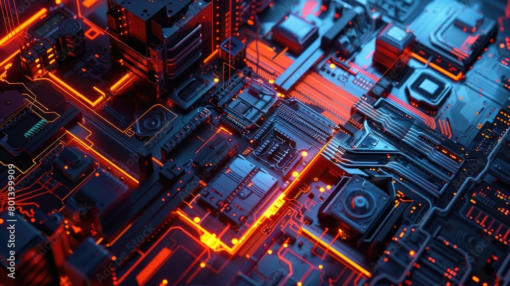 The image is of a computer chip with red and blue lights. The chip is ...