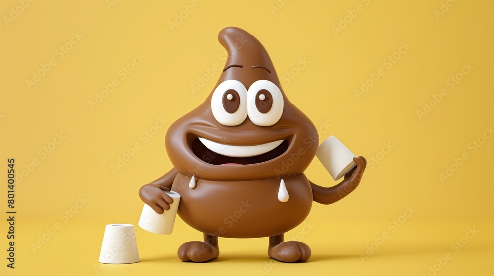 Cheerful animated poop character holding toilet paper against a bright ...