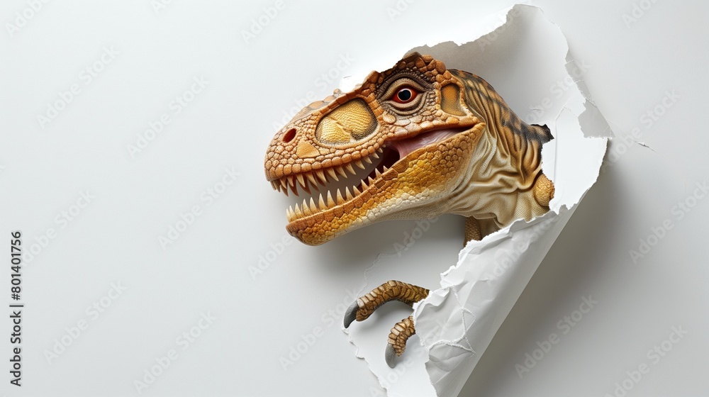 A detailed dinosaur model bursting through a white torn paper ...