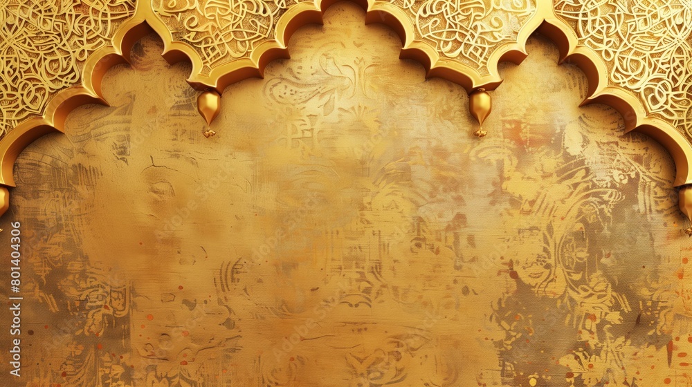 Golden ornate arched pattern over a textured distressed gold background ...