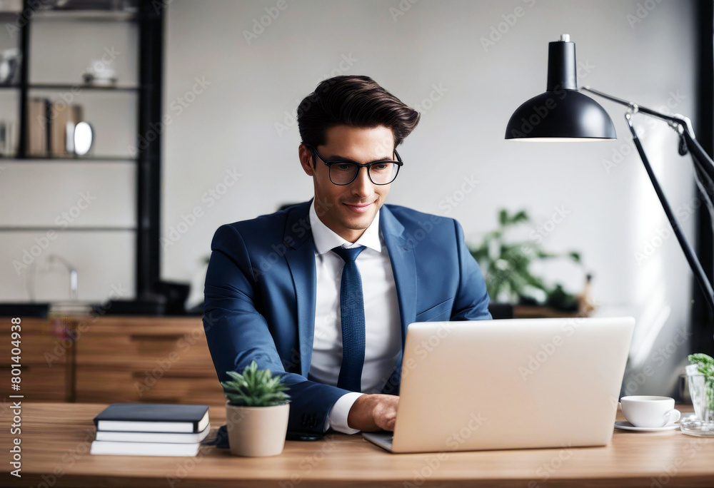 'desk office laptop using businessman young happy man business computer ...