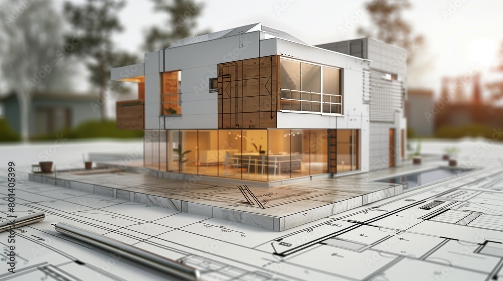 Modern architectural model of a house placed on printed blueprints ...