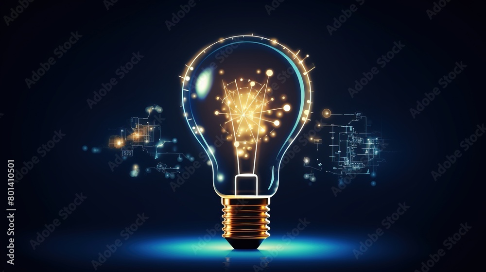 Light bulb with hologram infographic and glowing particles. Digital ...