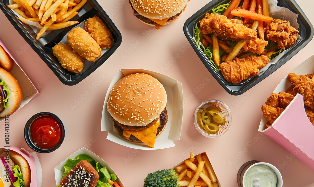 Fast food in take-out containers, hamburgers, fries, chicken wings, on ...