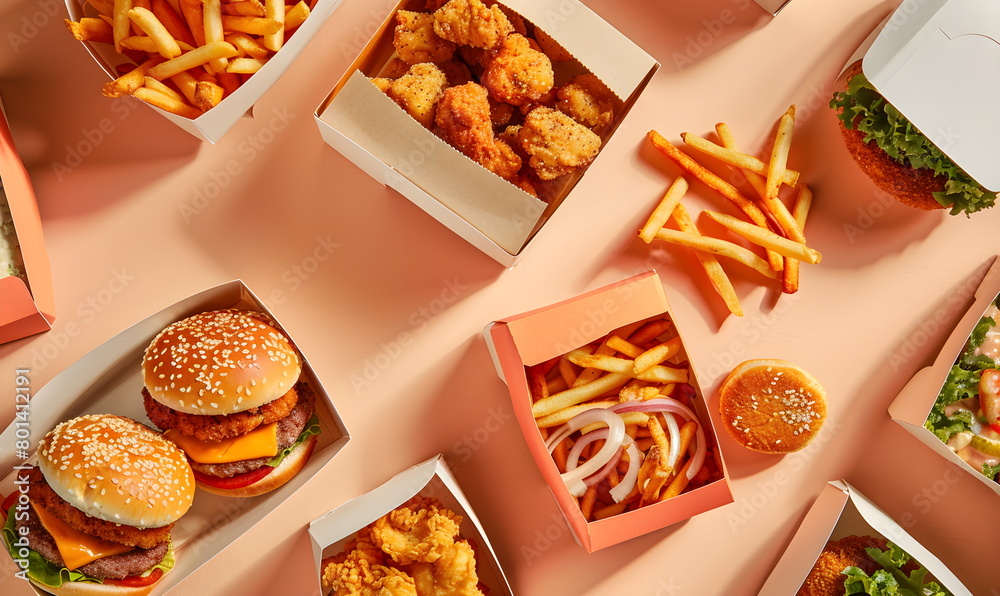 ภาพประกอบสต็อก Fast food in take-out containers, hamburgers, fries ...