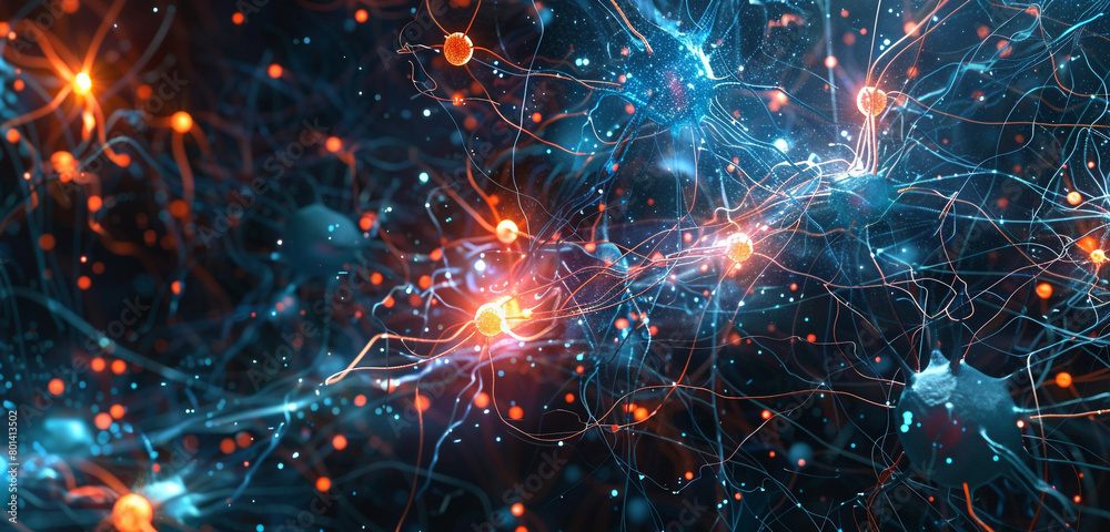 Ultra-wide scene of a digital neural network, with neurons and synapses ...