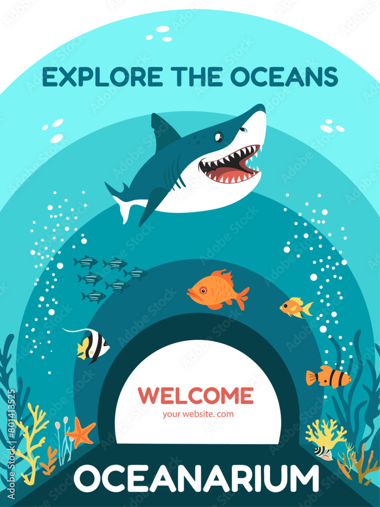 Oceanarium. Underwater glass transparent tunnel arch in the aquarium in ...