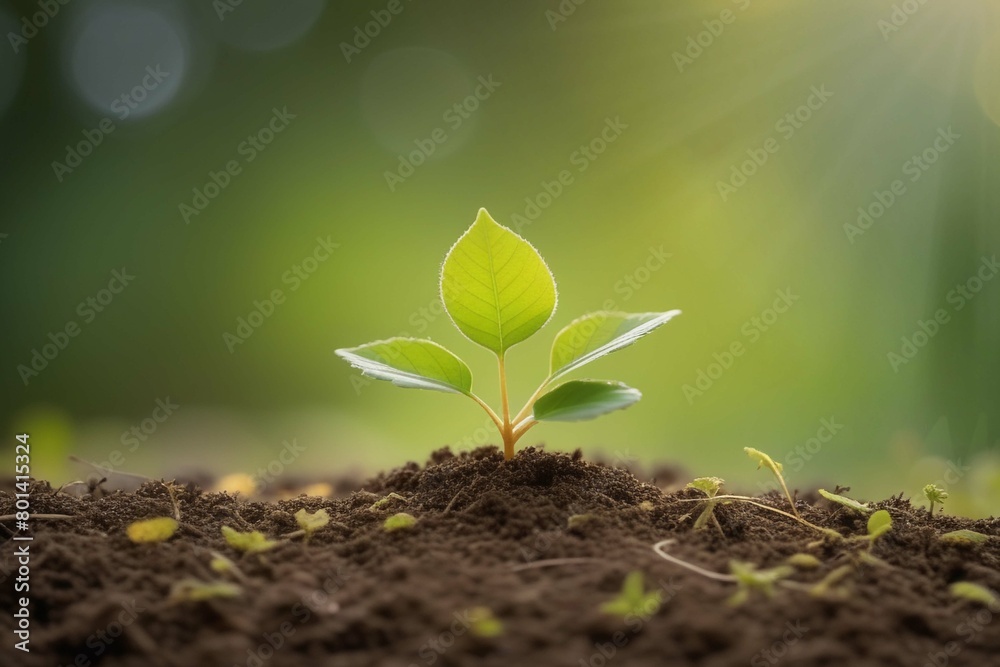 Young plant growing in the morning light and green nature bokeh ...